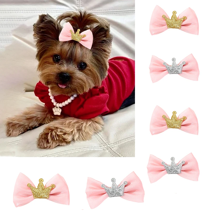 4pcs Pink Cute Glitter Crown Bows for Dog Haircuts Adorable Barrettes ...