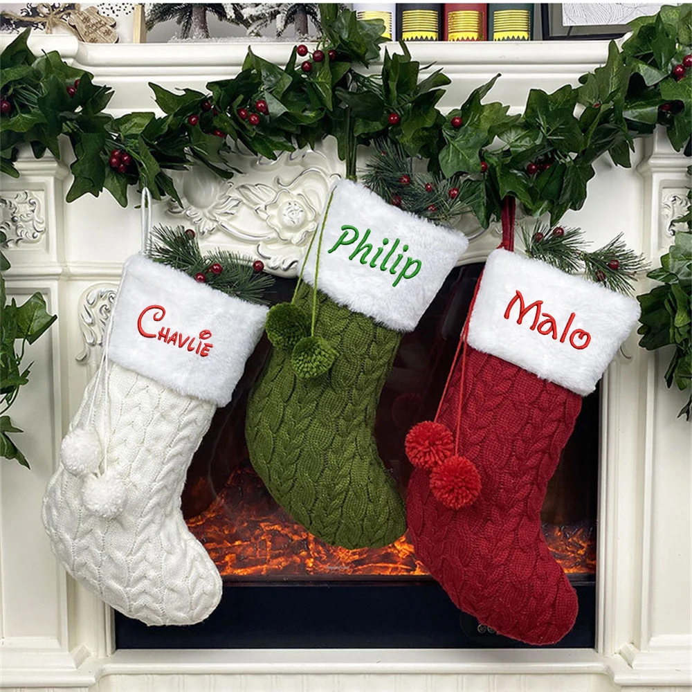 Personalized Name Christmas Knitted Socks Gift Bag Custom Embroidered ...