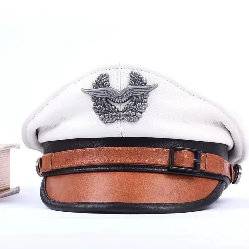 German-Captain-Cap-100-Leather-Locomotive-Hat-Men-Navy-Wind-Peaked-Flat ...