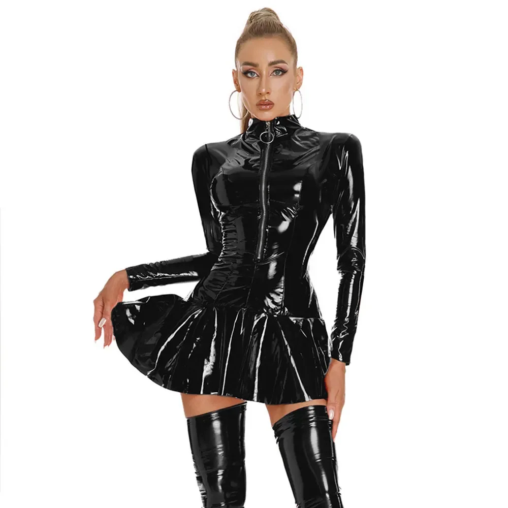 Mini-Robe-Pliss-e-en-Latex-pour-Femme-Tenue-de-Soir-e-Fermeture-clair ...