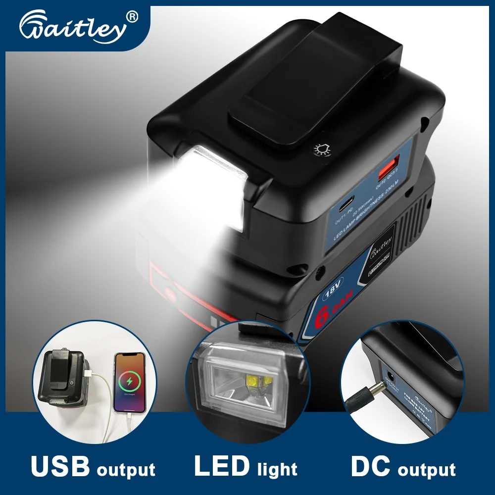 Flashlight Adapter for BOSCH 18V Battery with LED light lamp USB Type-C ...