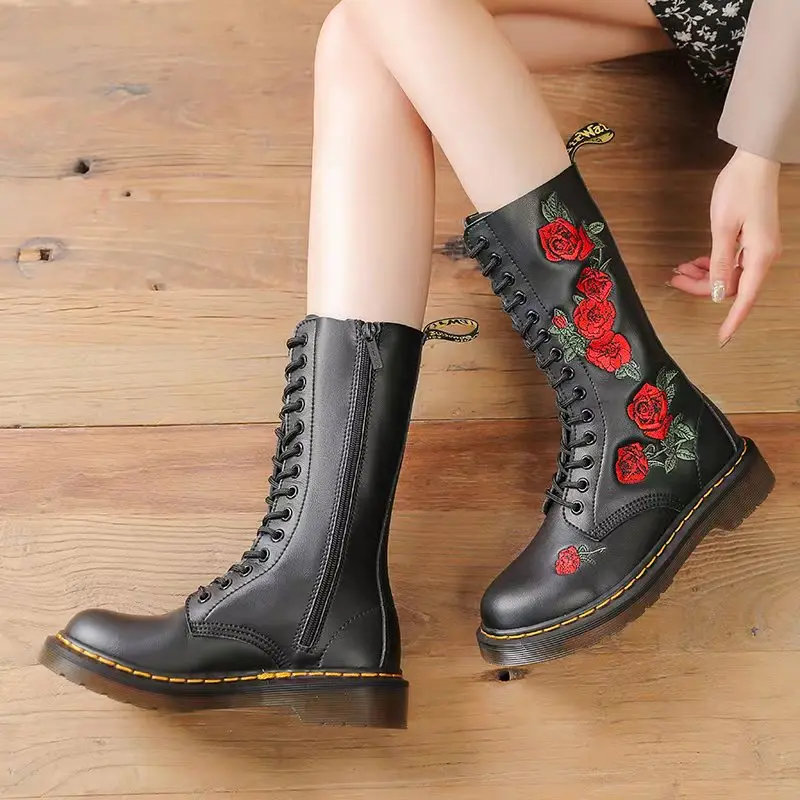 Botas-bordadas-de-media-pantorrilla-para-mujer-zapatos-de-piel-aut ...