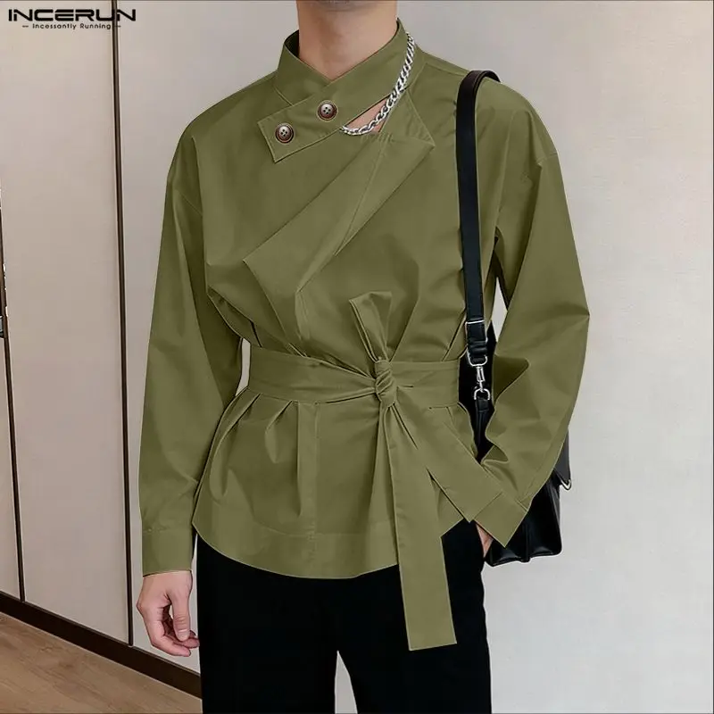 INCERUN Men Shirt Solid Color Stand Collar Long Sleeve Casual Men ...