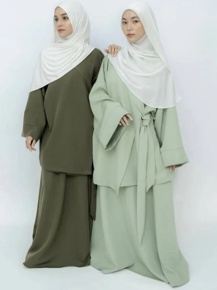 Eid Muslim Women Two Piece Set Kaftan Islam Lace Up Tops Skirt Suits ...