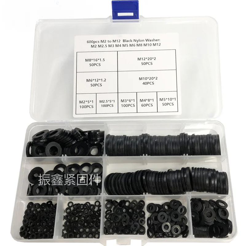 600pcs Box Set Black Nylon Flat Washers, Insulating Plastic Gaskets M2 ...