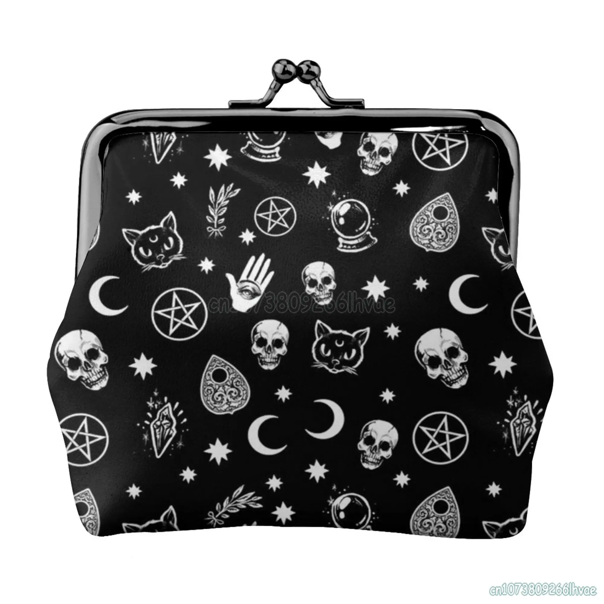 Gothic Skull Cat Moon Leather Coin Purse Small Kiss Lock Change Pouch ...