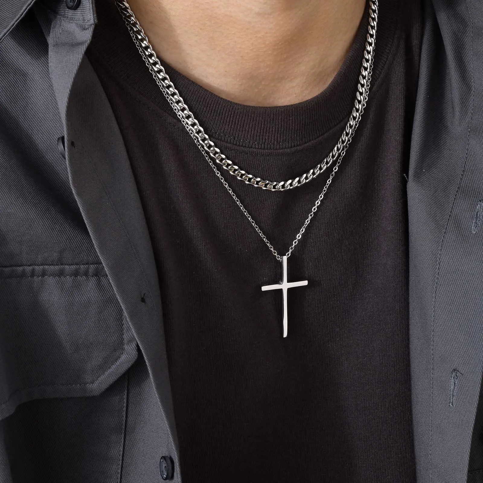 Men-Double-Layered-Chain-Cross-Charm-Pendant-Necklace-Stainless-Steel ...