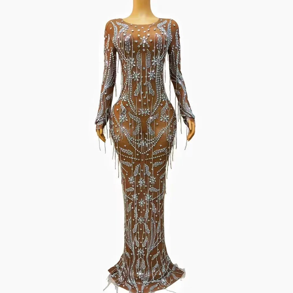 Sexy Sparkly Silver Rhinestones Long Sleeves Crystals Chains Dress ...