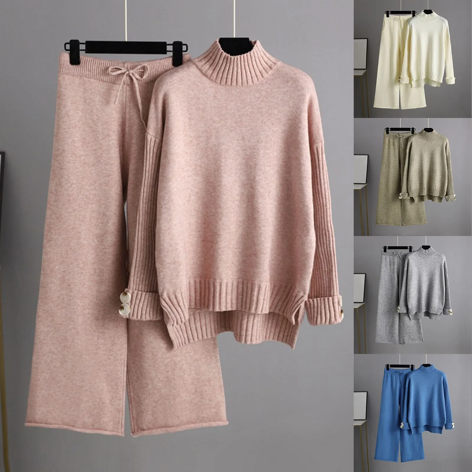 Women-Knitted-Turtleneck-Sweater-Sets-Solid-Casual-Loose-Warm-Tracksuit ...