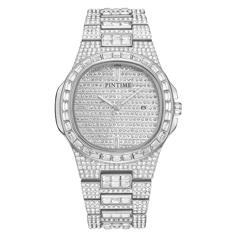 PINTIME Men's Luxury Crystal Watch Fashion Large Dimond Dial Iced Out ...
