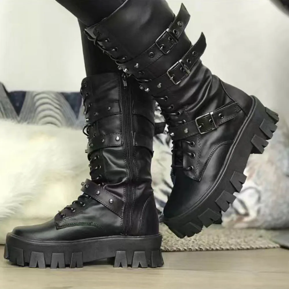 Punk Boots Goth Women Motorcycle Boots Buckle Chunky Heel Platform ...