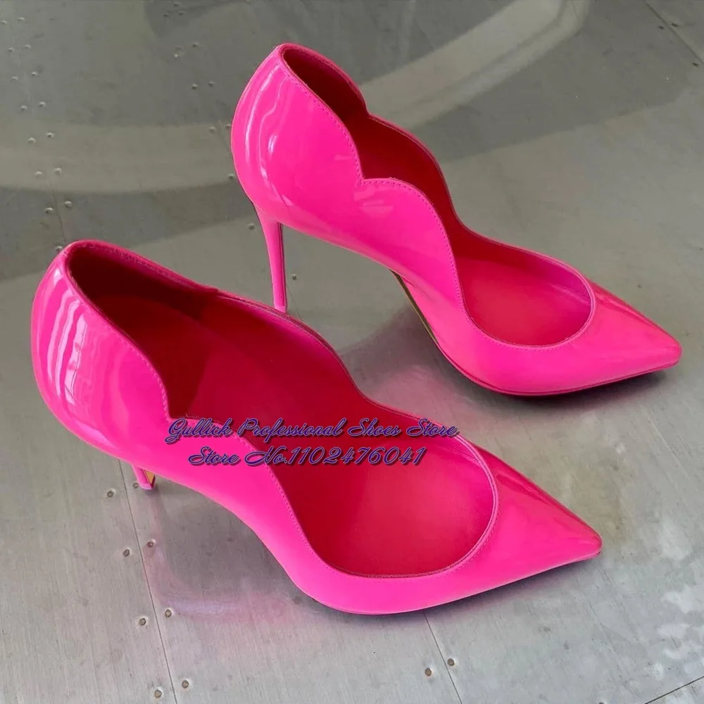 Women Hot Pink Patent Leather Irregular Shallow Cut Wedding Shoes 12cm ...