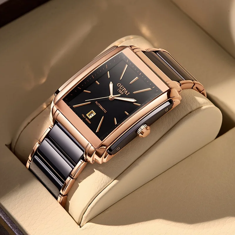 OUPAI 2024 New Arrival Rectangle Automatic Black Ceramic Watch Man ...