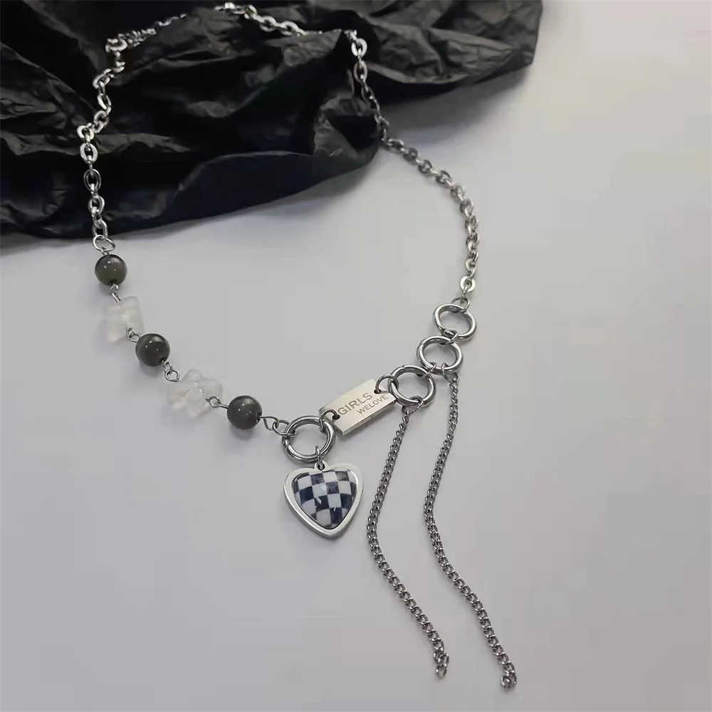 Cool-Black-And-White-Checkerboard-Heart-Tassel-Necklace-Vintage-Sweet ...