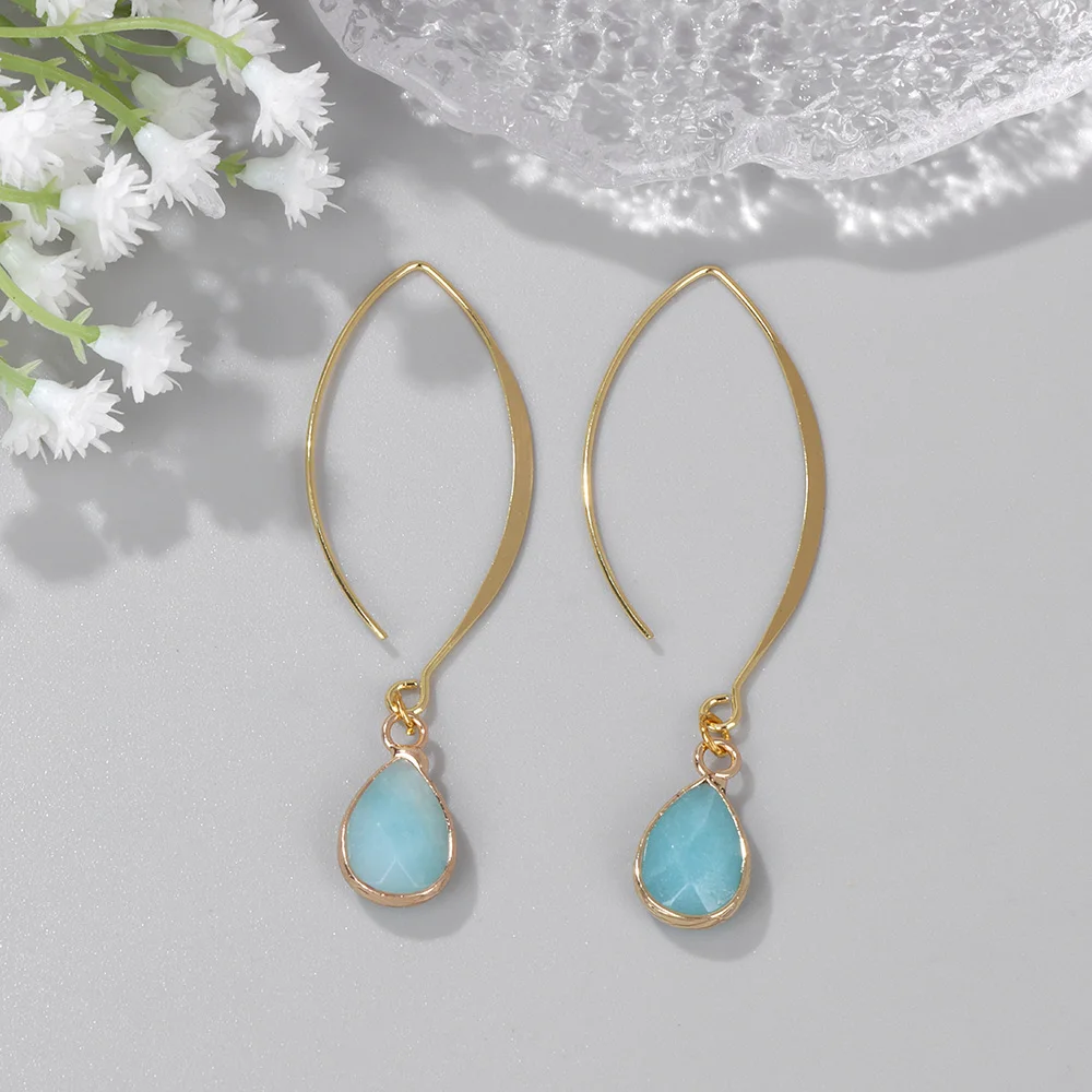 Classic Amazonite Water Drop Shape Earrings Natural Stone Pendant Dangle Long Ear Earrings Women ...