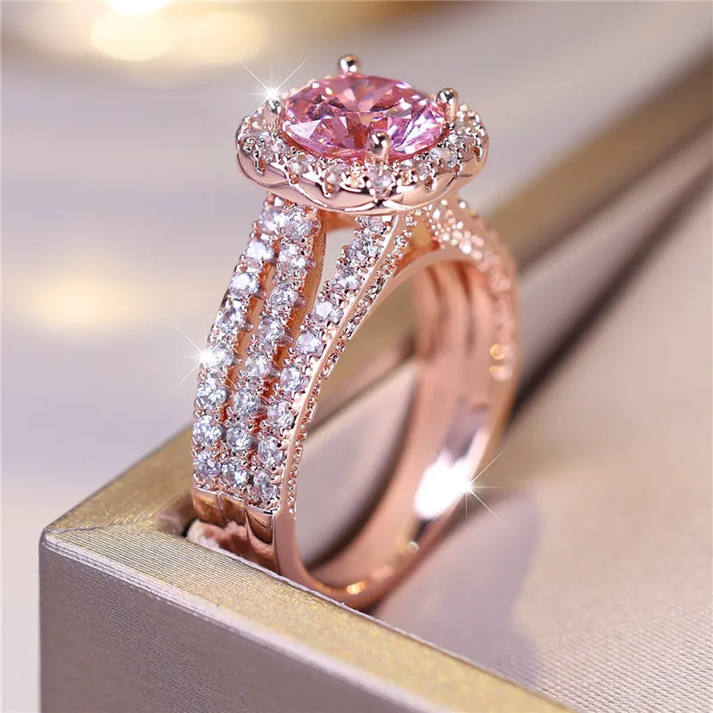 Luxury Female Small Pink Round Zircon Stone Engagement Ring Trendy Rose ...