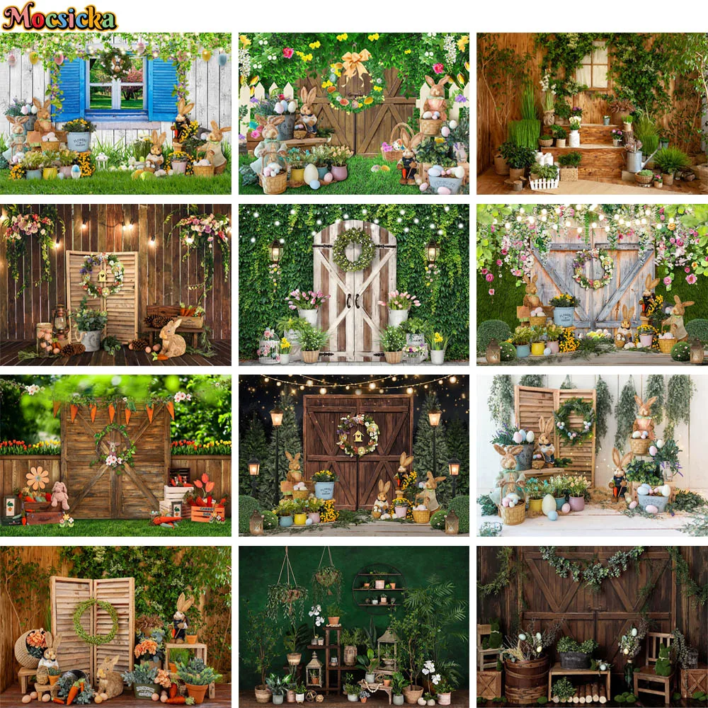 Spring-Easter-Photography-Backdrop-Rabbit-Flowers-Green-Plants-Eggs ...