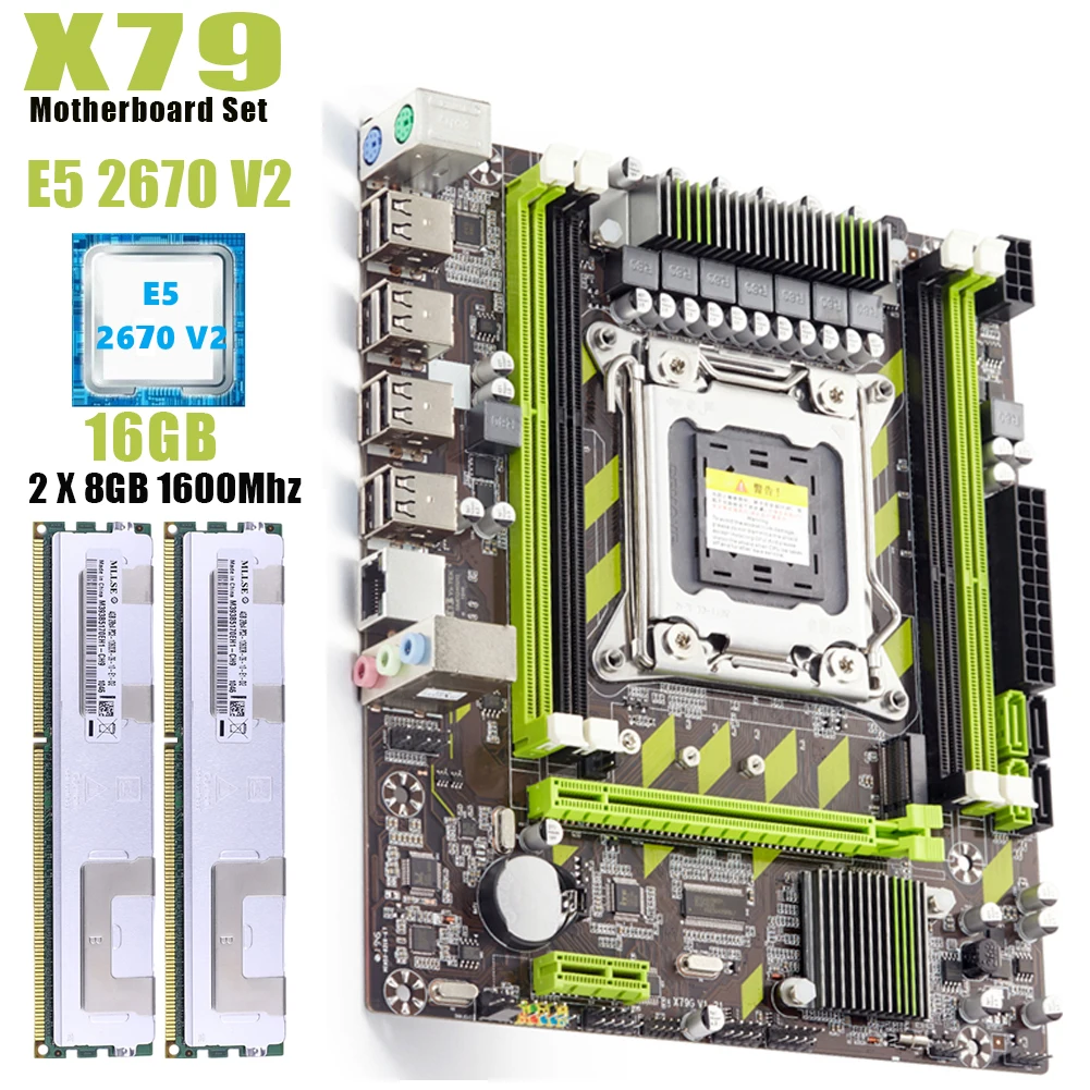 Conjunto de placa mãe do computador x79 kit 2670v2 xeon e5 2670 v2 cpu max 16gb 2x 8gb ddr3 ecc ...