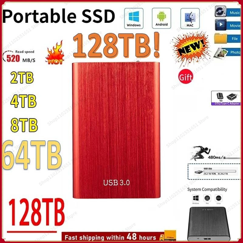 Portable 128TB 64TB 32TB SSD 2TB External Hard Drive Type C USB3.1 High ...