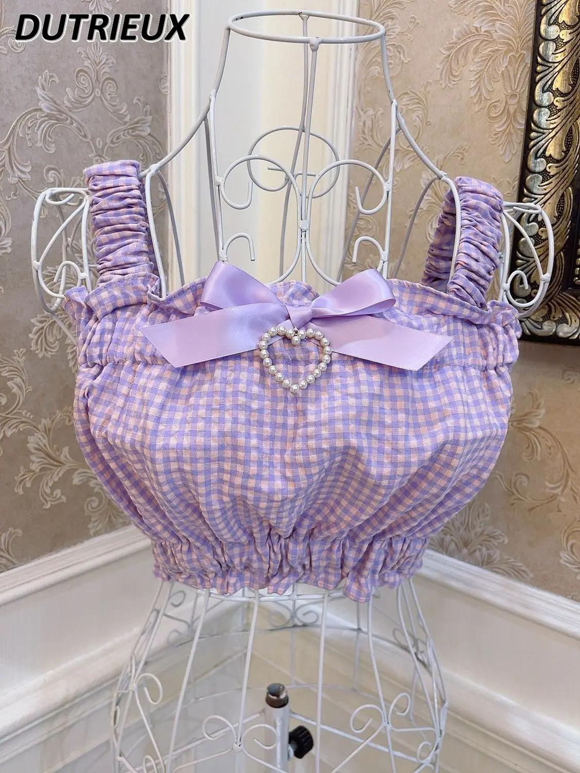 Lady-Tank-Top-Sweet-Cute-Short-Sling-Girl-Plaid-Bow-Pearl-Heart-Women-s ...