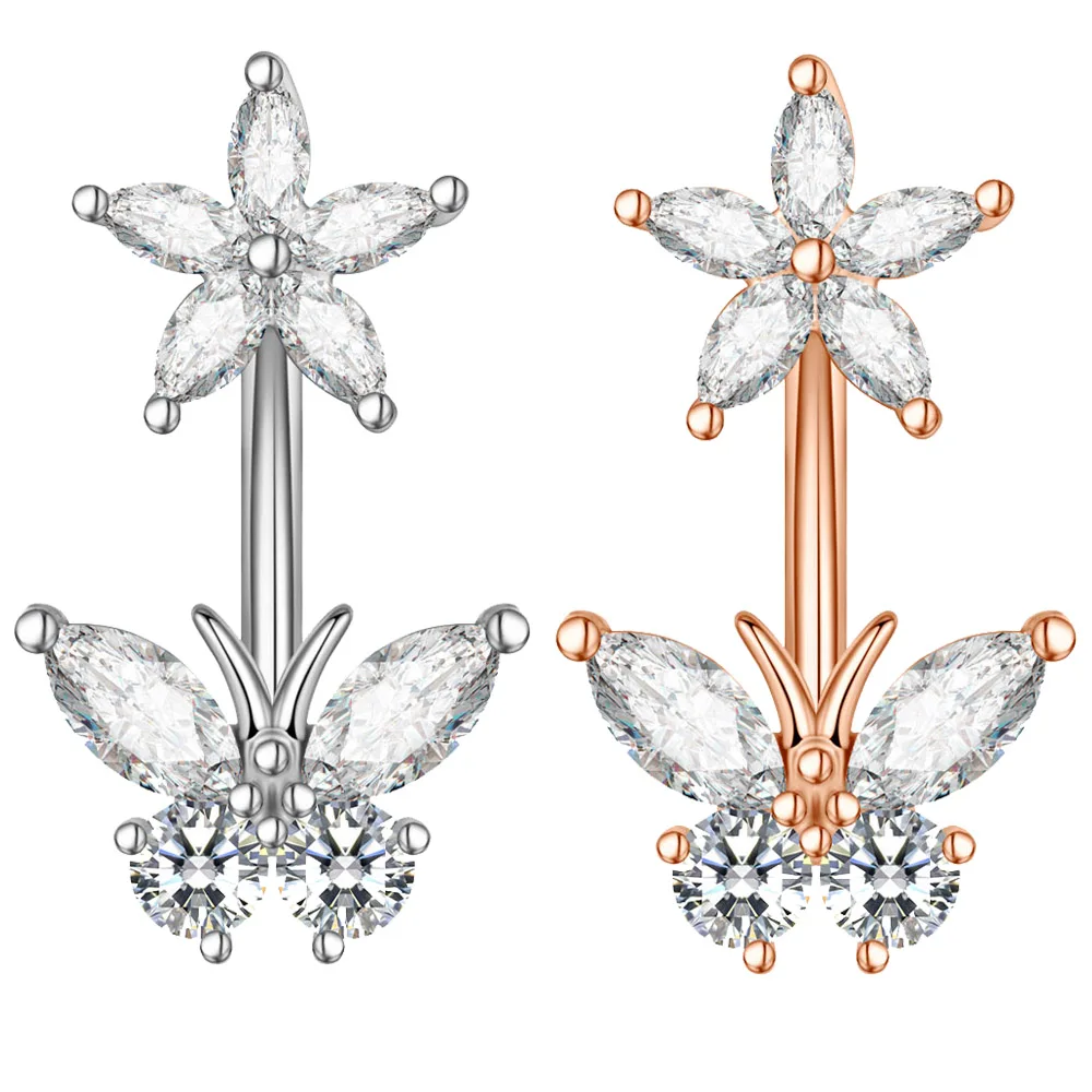 1PC-Gold-Color-Crystal-CZs-Flower-Butterfly-Curved-Belly-Button-Rings-14G-Steel-Grid-Tassel ...