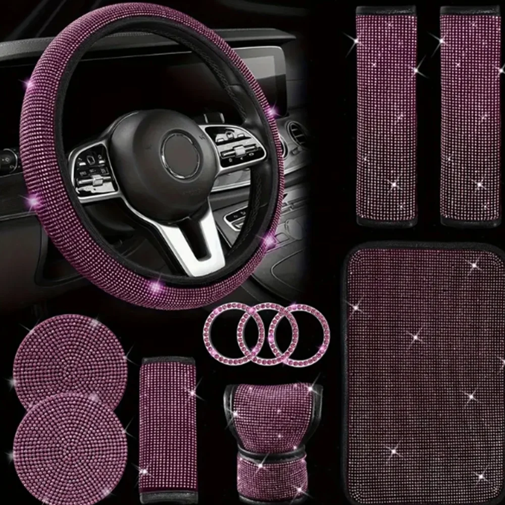11PCS-Pink-Bling-Car-Accessories-For-Women-Steering-Wheel-Universal ...