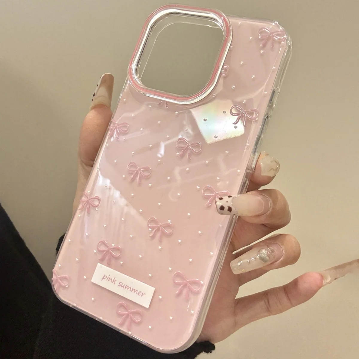 Cute Wave Point Pink Bow Glossy Jelly Phone Case For iPhone 16 15 14 13 ...