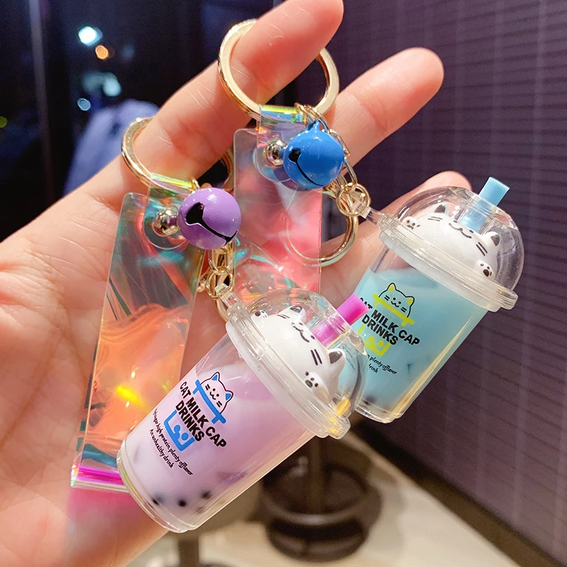 Cute Cat Liquid Pearl Milk Tea Cup Key Chain Creative Quicksand ...