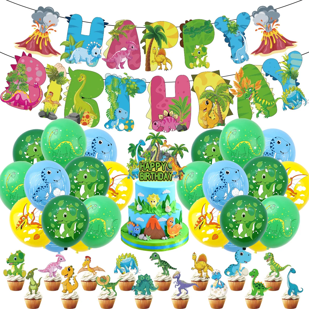 Dinosaur-Party-Decoration-Cartoon-Dino-Volcano-Banner-Latex-Balloons ...