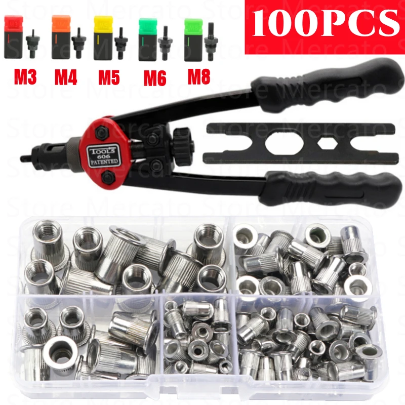 7/100pcs Rivet Nut+Hand Threaded Rivet Nuts Gun BT605 M3 M4 M5 M6 M8 M10 Double Insert Manual ...