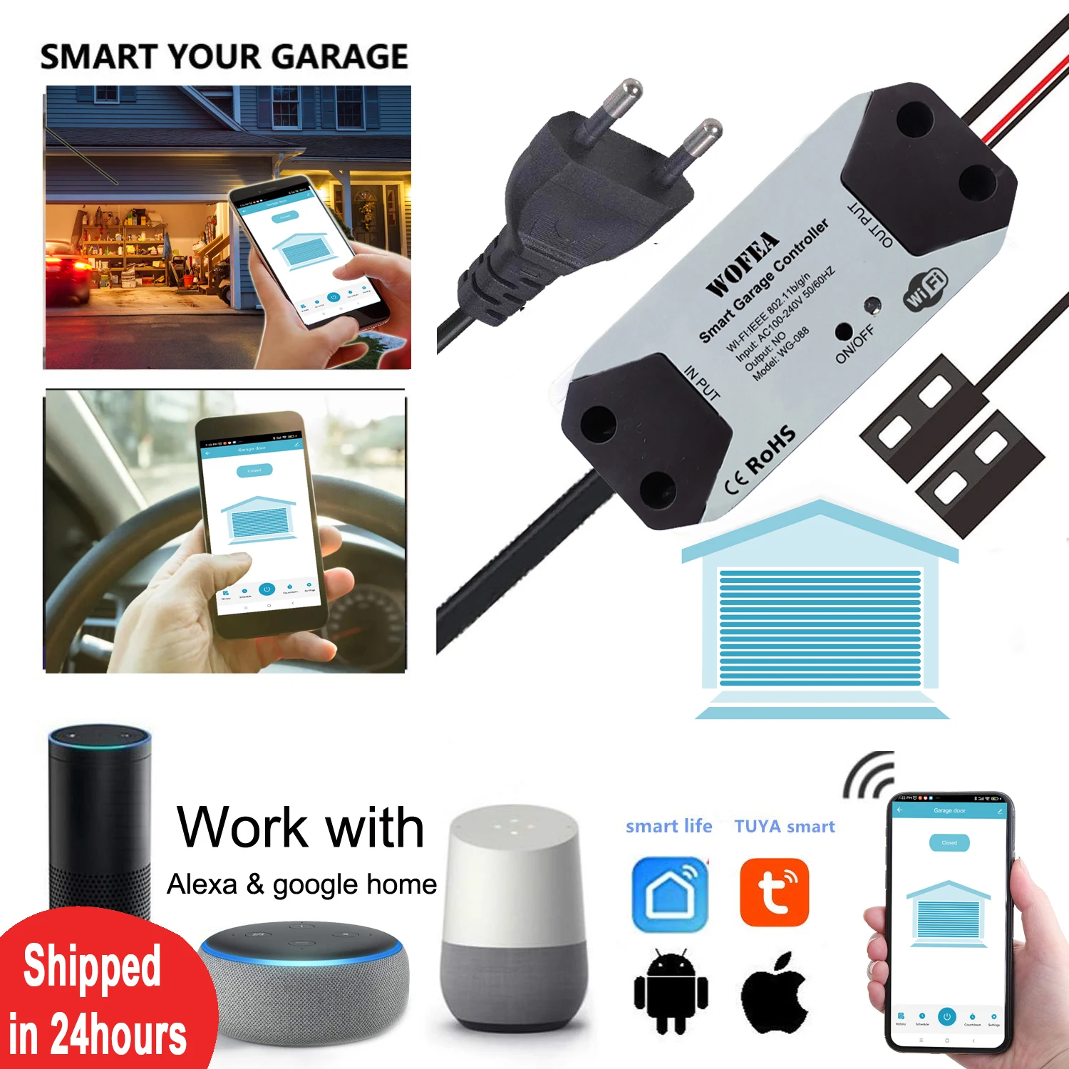 Wofea WiFi Switch Smart Garage Door Opener Controller Work With Alexa Echo Google Home SmartLife ...