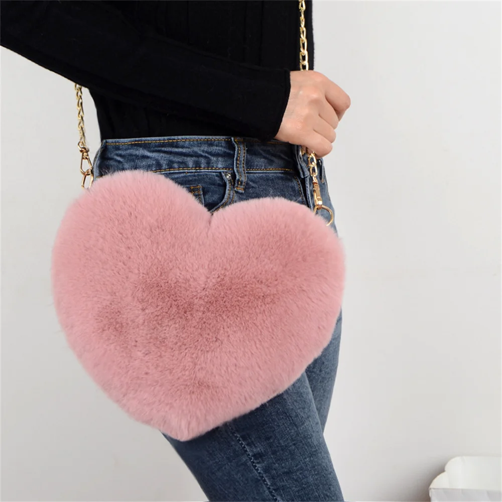 Fashion Women's Heart Shaped Handbags Cute Kawaii Faux Fur Crossbody ...