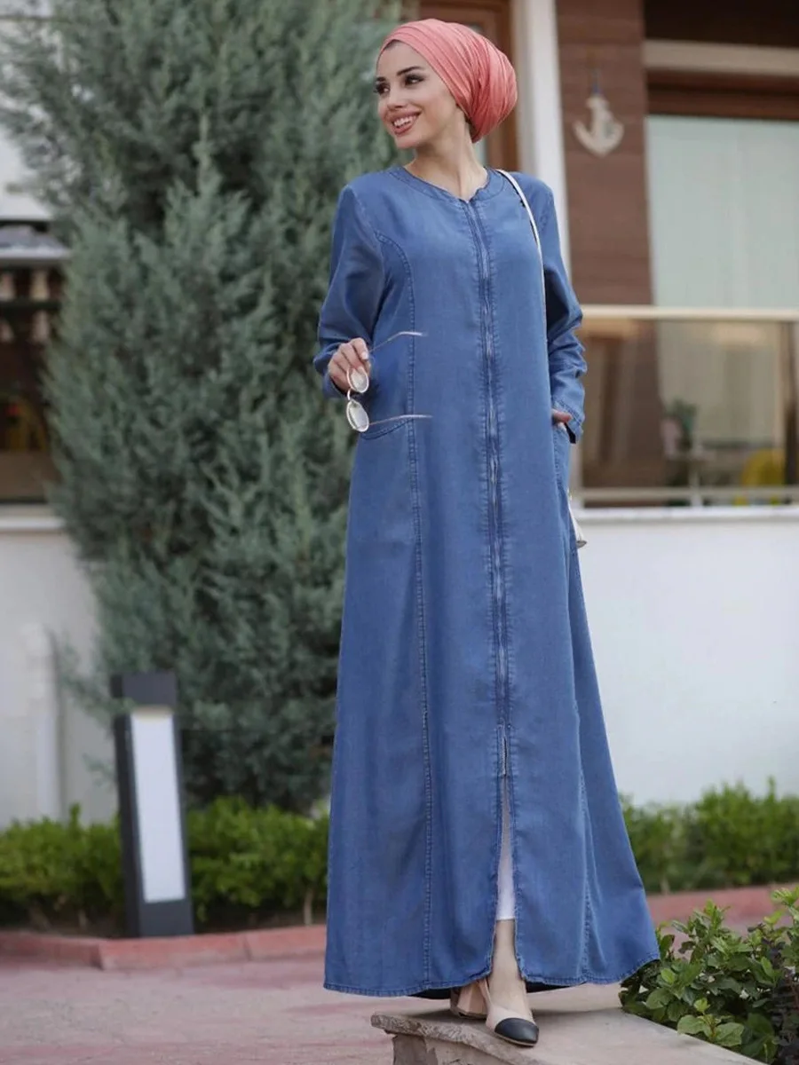 Cotton-Denim-Dress-for-Women-Zipper-Up-O-Neck-Long-Sleeve-Casual-Arabic ...