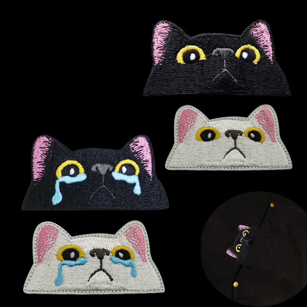 New Design of Fun Black Cat Face Embroidered Cloth Attached Cute Crying ...