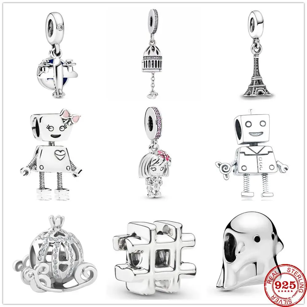 925-Sterling-Silver-Airplane-Robot-Little-Girl-Bird-Cage-Charms-Beads ...