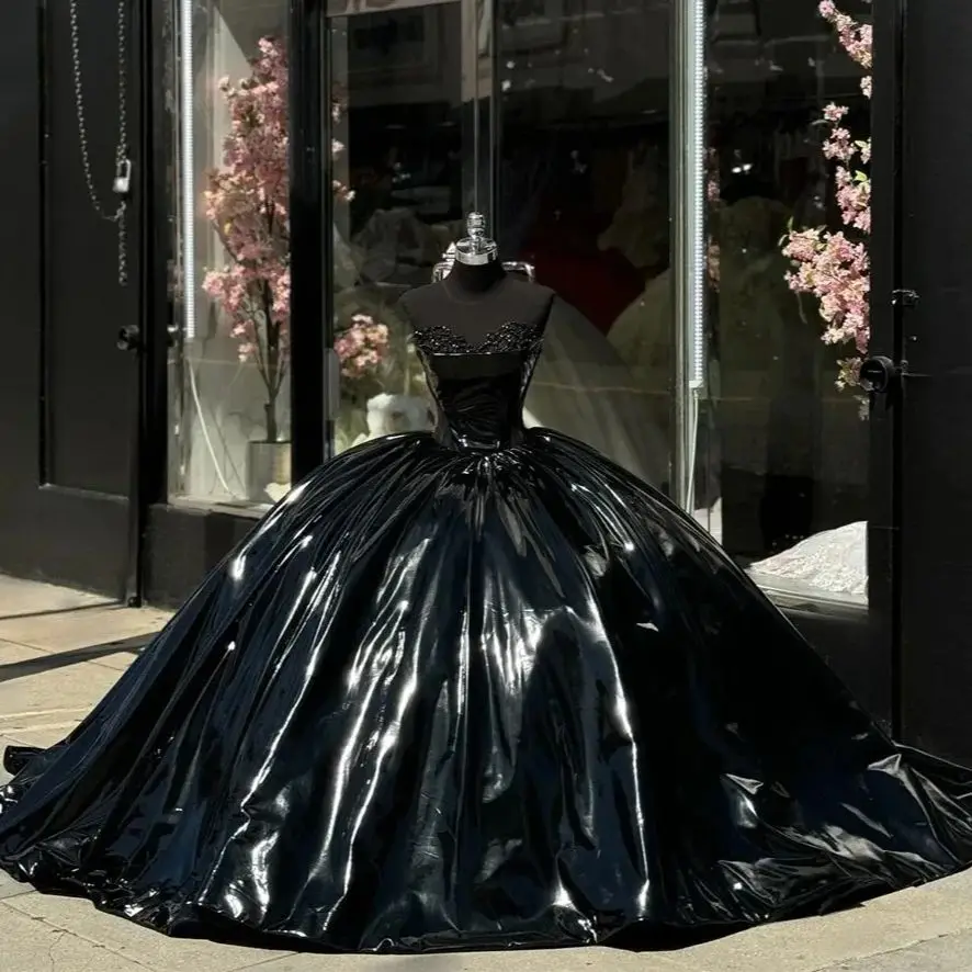 Vestido de Fiesta Negro Gótico, Vestido de Gala de PVC Brillante ...
