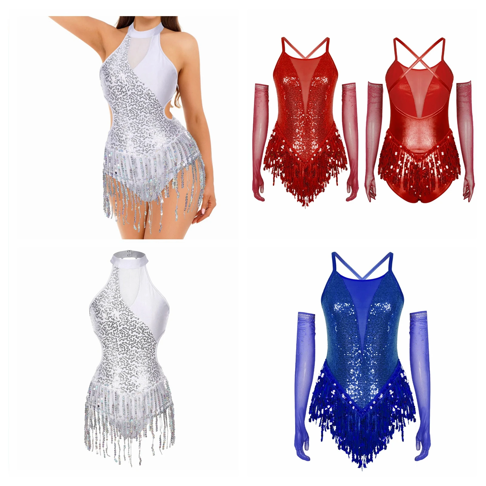 Women Samba Ballroom Latin Dance Fringed Costume Rumba Sequins Leotard ...