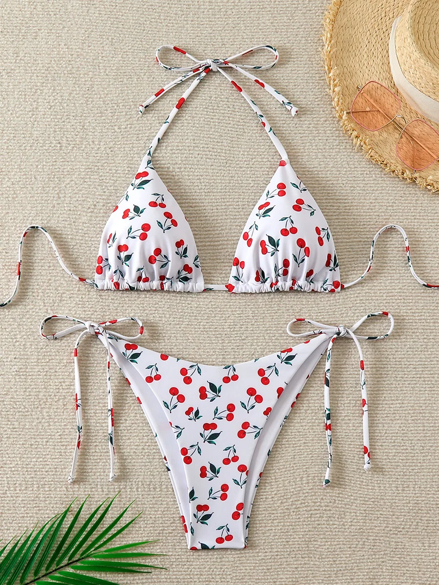 XS - L Cherry Print Halter Strappy Bikini Female Swimsuit Women ...