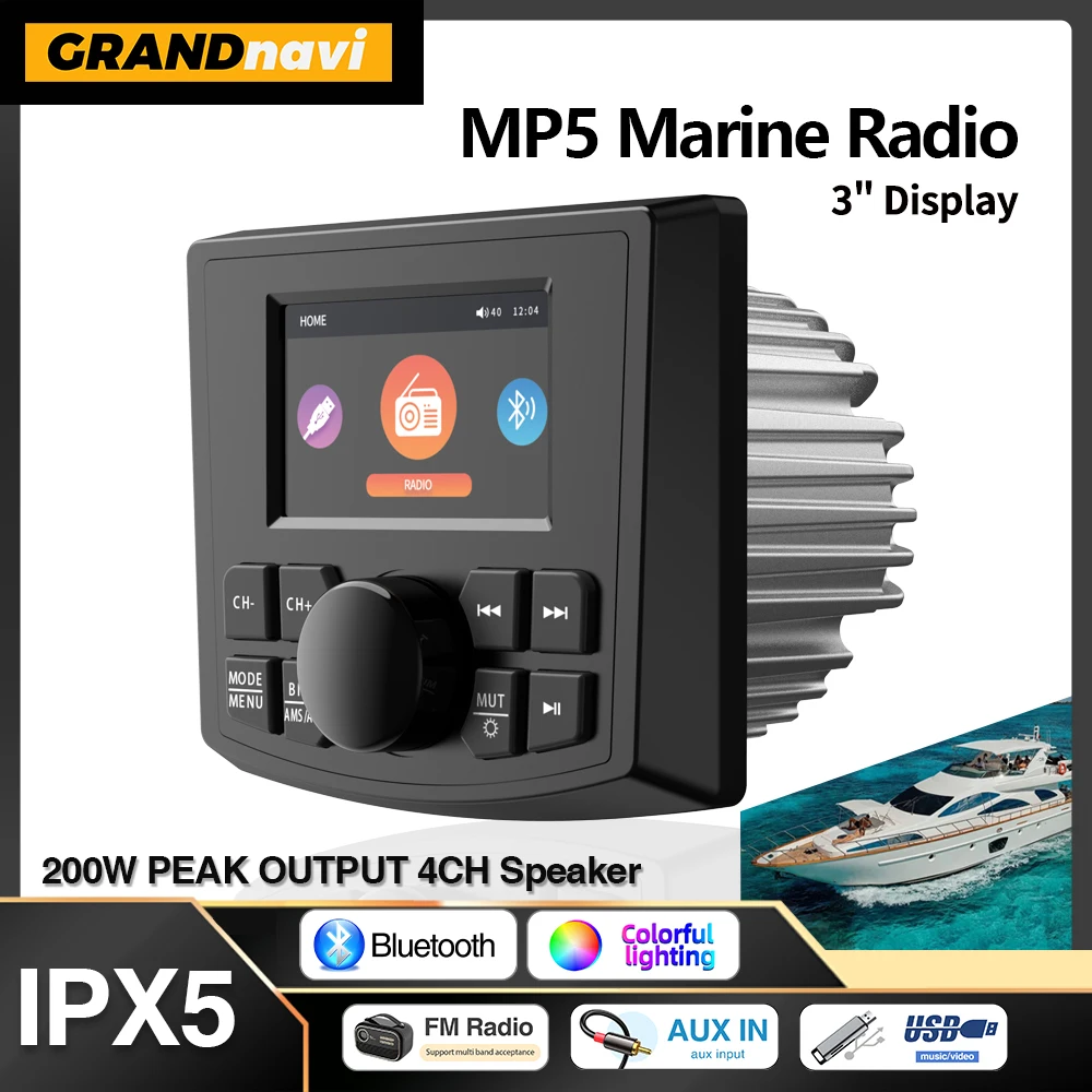 GRANDnavi Marine Stereo Boat MP5 Radio Player Waterproof IPX5 AUX ...
