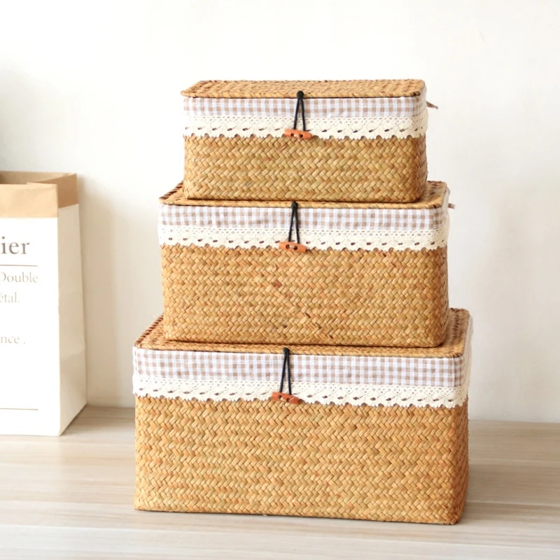 Seaweed Woven Box Grass Basket with Lid Household Storage Snack Rattan ...