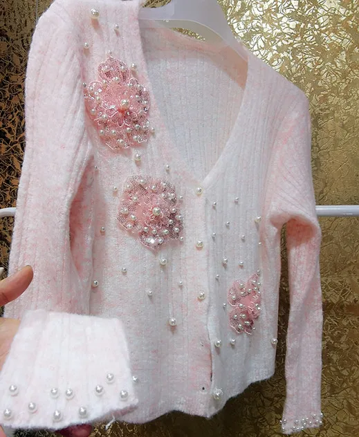 Pull-brod-de-fleurs-3D-avec-perles-d-grad-es-manteau-paillettes-rose ...