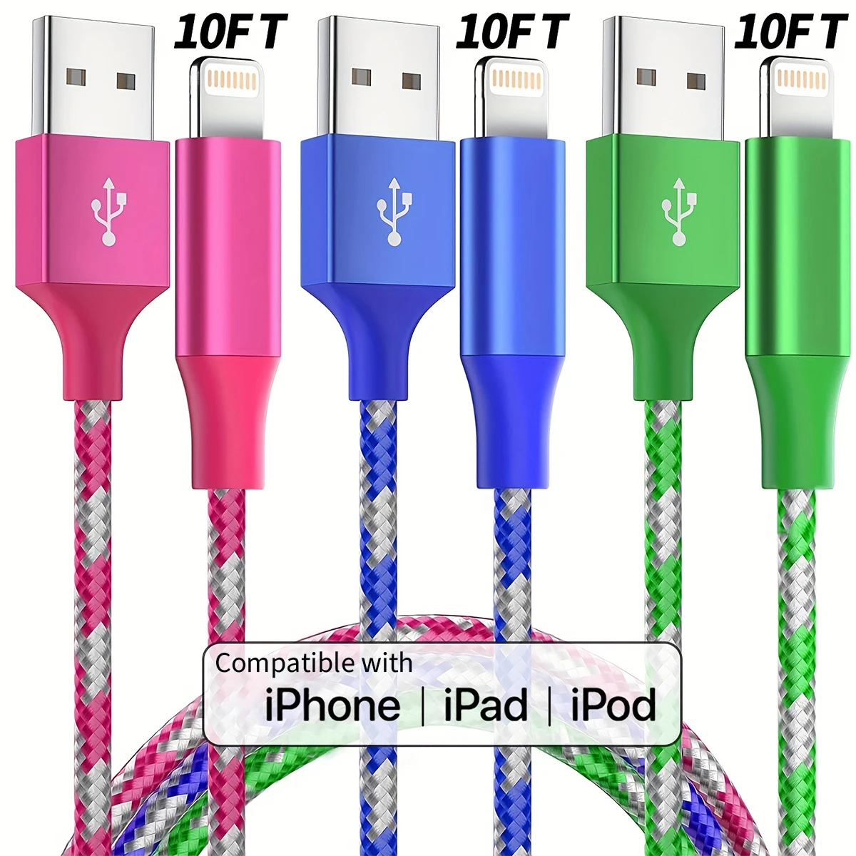 3pcs 10FT[MFi Certified]Nylon Braided USB-A to iphone Fast Charging ...