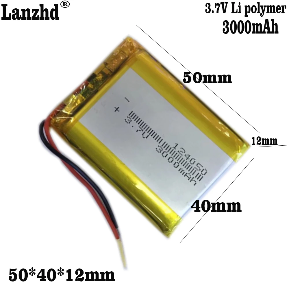3.7V 3000 mAh Rechargeable Polymer Li Lithium Lipo Battery 124050 ...