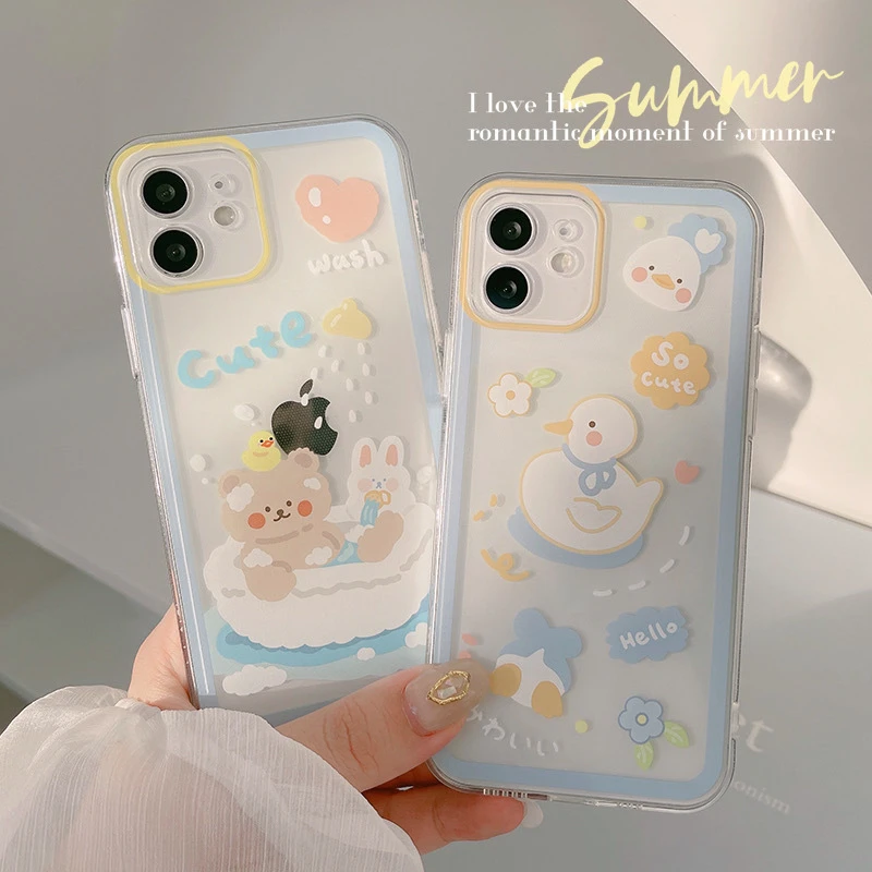 Retro Smile Wash Bath Bear Kawaii Japanese Phone Case For Iphone 13 11 ...