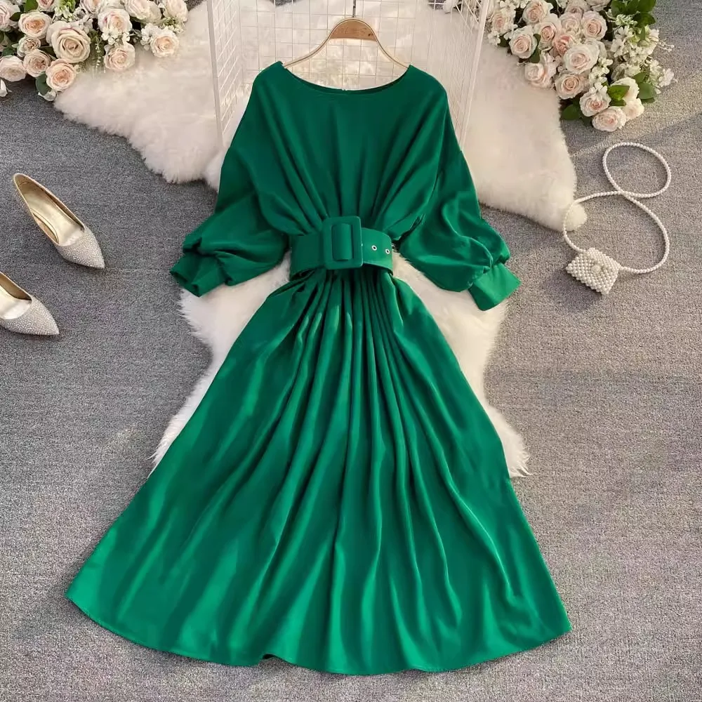New-Arrival-Runway-Summer-Green-Pleated-Dress-Elegant-Women-O-Neck-3-4 ...