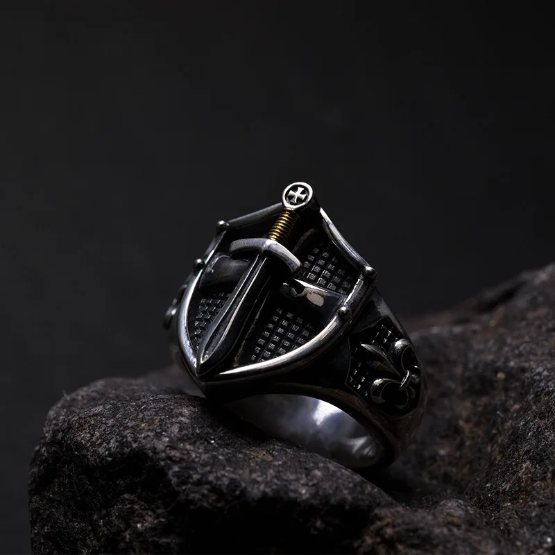 New Domineering Sword Shield Men's 925 Sterling Silver Ring Retro ...