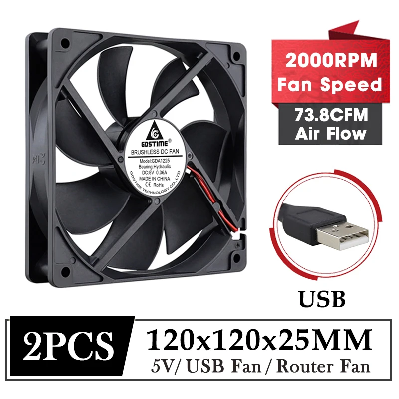 GDSTIME-2Pcs-120MM-Fan-DC-5V-USB-Fan-120x120x25MM-Brushless-PC-Case-CPU ...