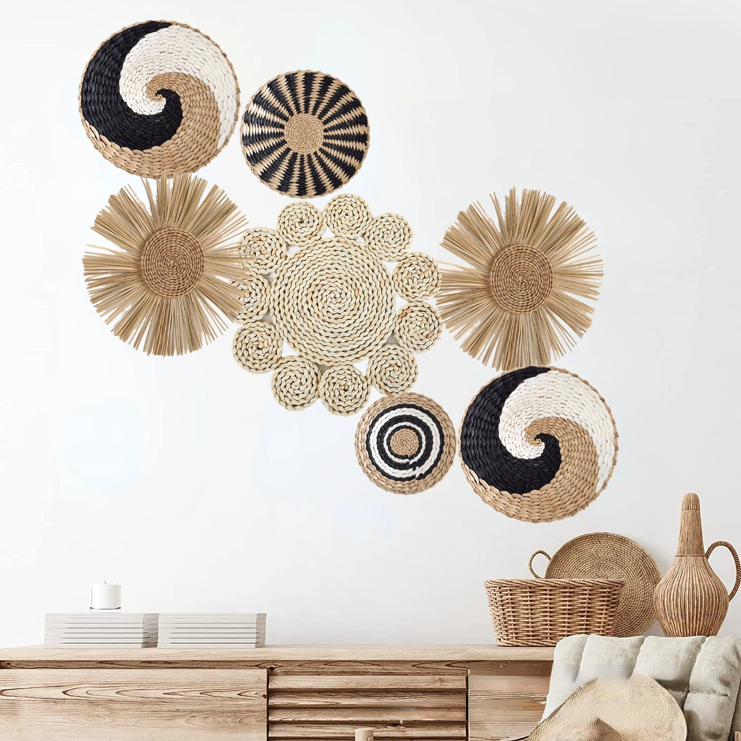 D-coration-murale-tiss-e-en-paille-panier-mural-en-rotin-Boho-d-cor ...