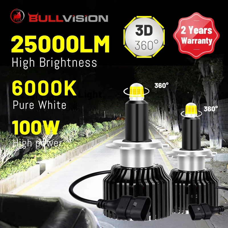 Bullvision 렌즈용 LED 헤드라이트, CSP LED 9012, H7, 25000LM, 360 도 54 개, HIR2 ...