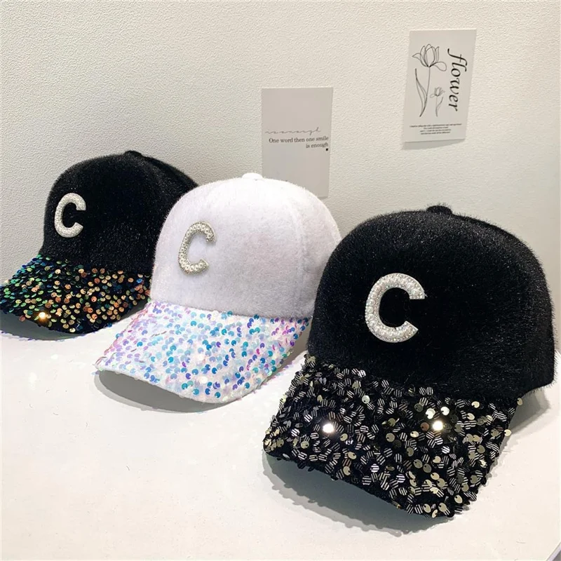 2023-NEW-Women-Girls-Hats-Rhinestone-Sequin-Letter-C-Baseball-Cap ...